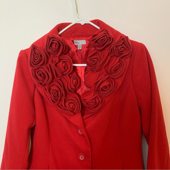 Linea Domani | Jackets & Coats | Red Car Coat With Red Rosettes Around ...
